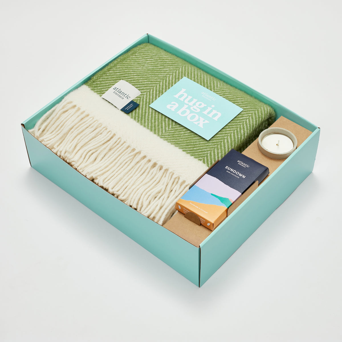 Hug in a Box Gift Set | Kelp Green Herringbone | Atlantic Blankets