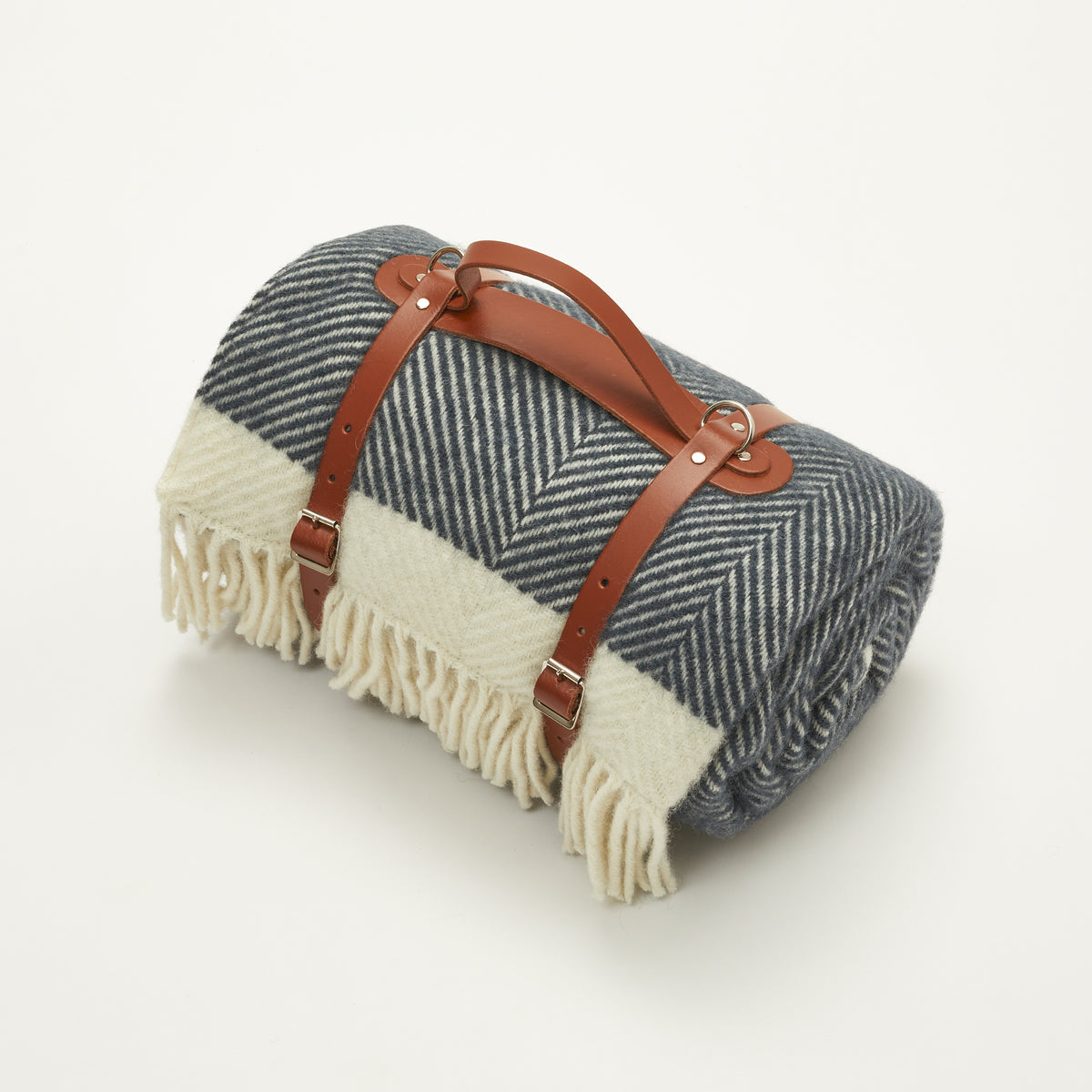 Wool Picnic Blanket with Leather Straps | Cornish Slate | Atlantic Blankets