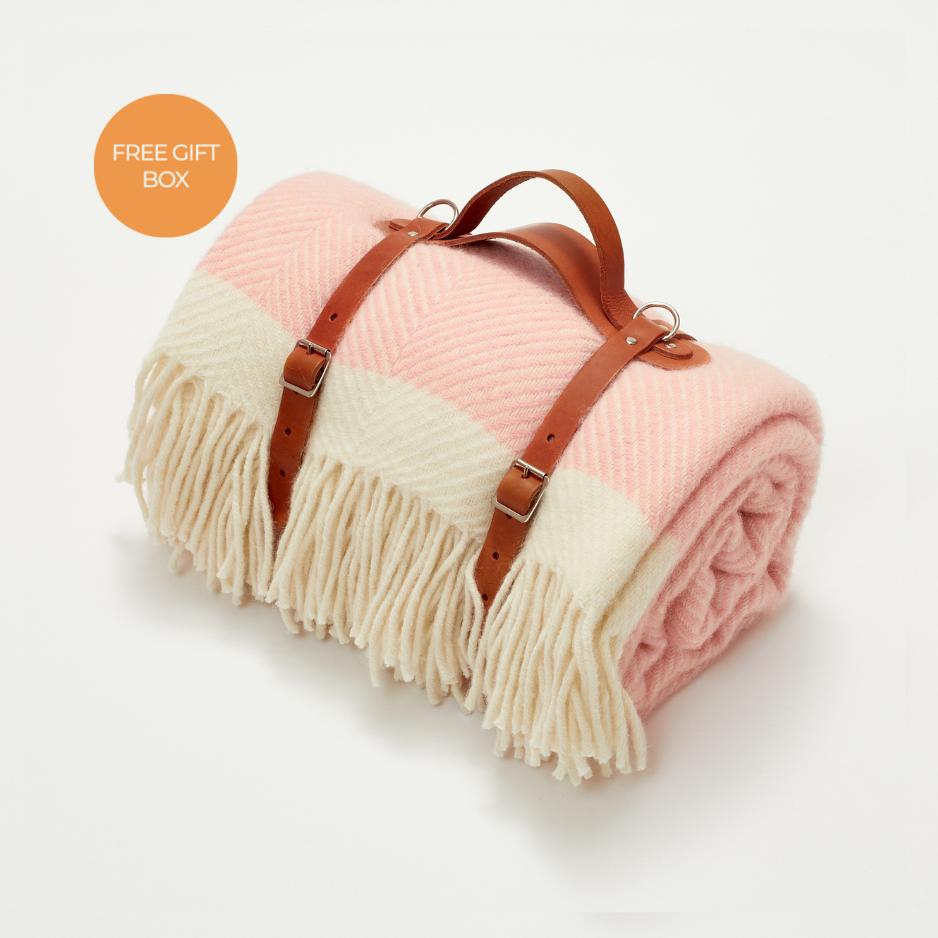 Wool Picnic Blanket with Leather Straps | Candy Floss | Atlantic Blankets